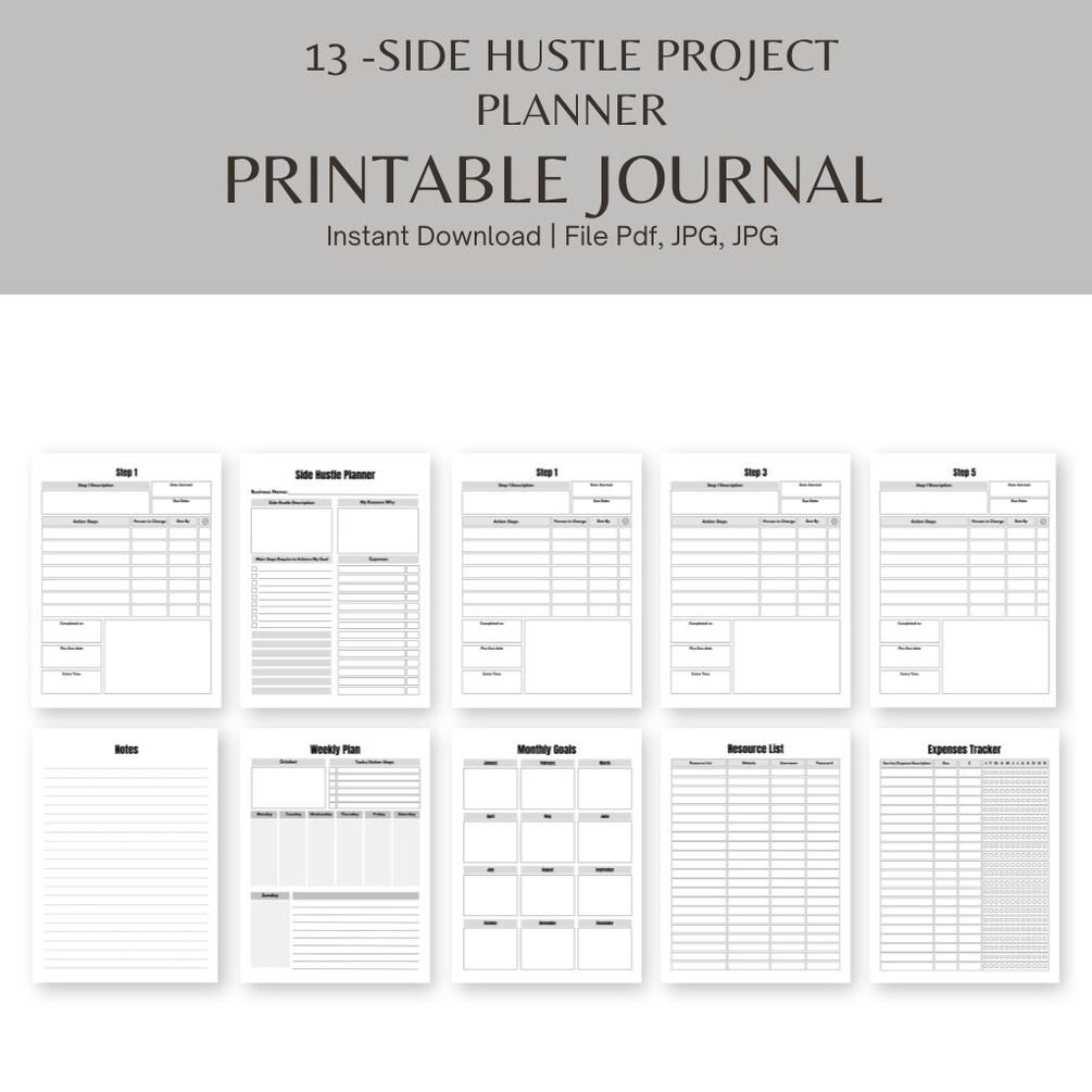Side Hustle Project Planner 13 Printable Templates (PDF & JPG)