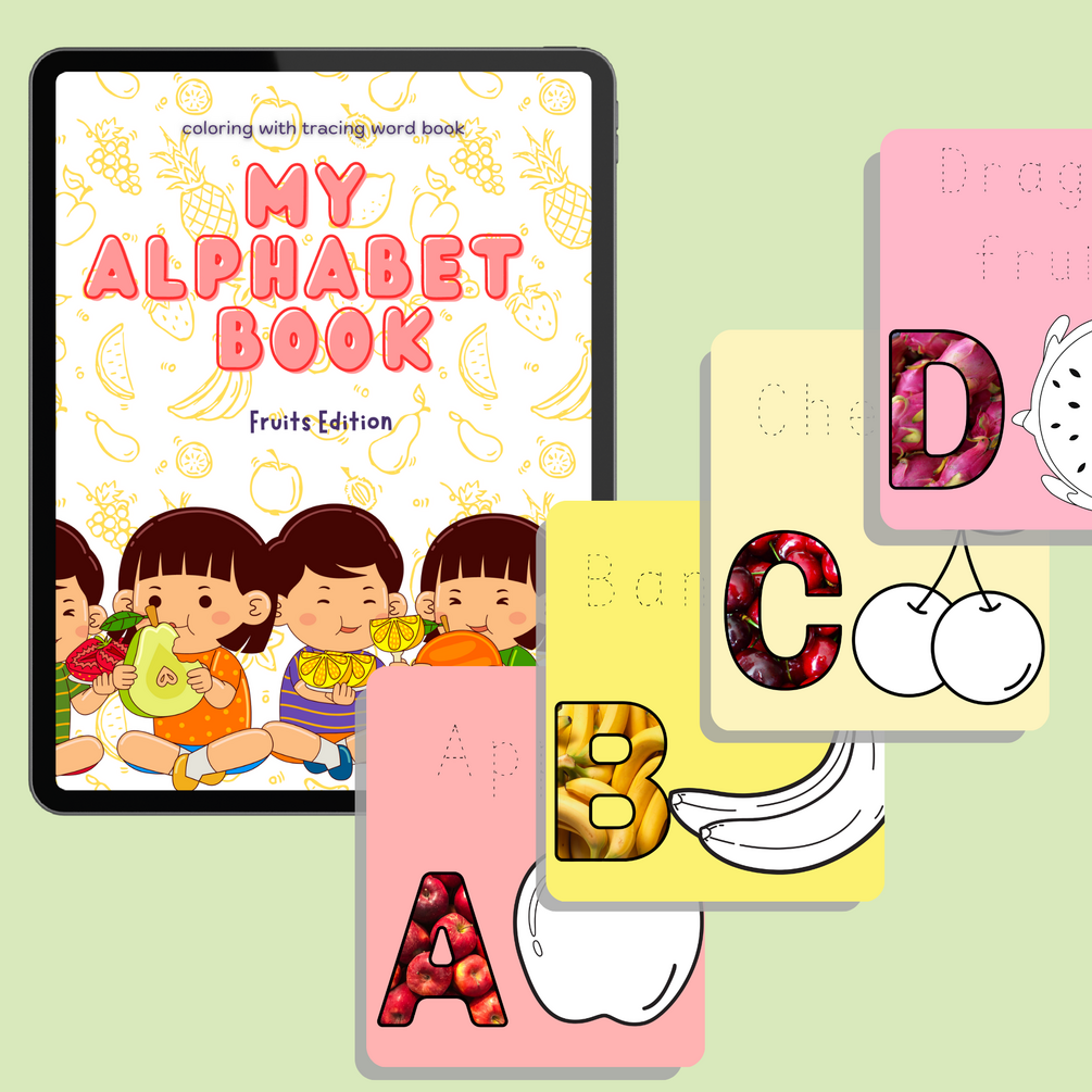 Fruits Themed Alphabet book for kids (w/coloring &tracing)