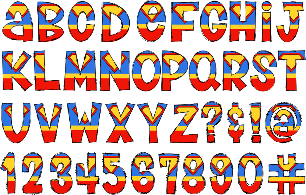 Cute Superhero Alphabet and Numbers For Kids Lover Clipart Letters, Bursts