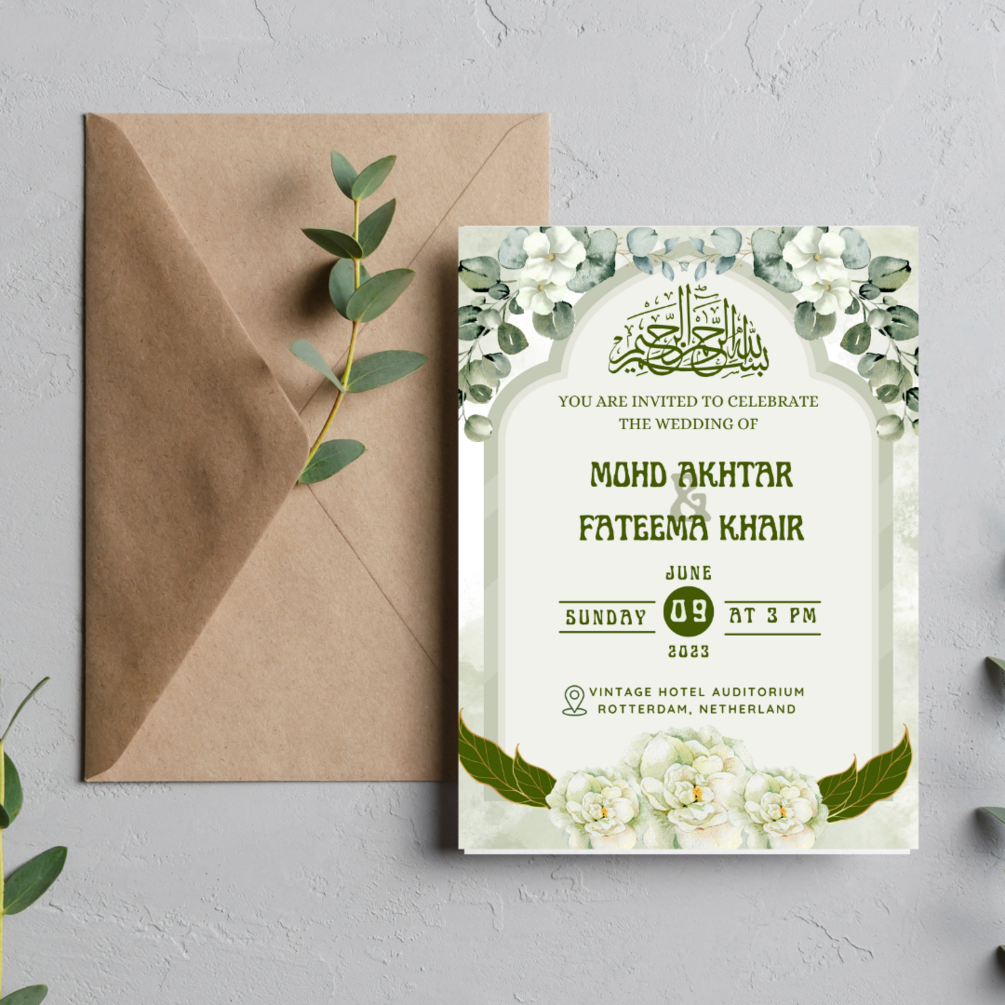 Luxury Nikkah Invitations Green Floral Editable Islamic Wedding Invitation