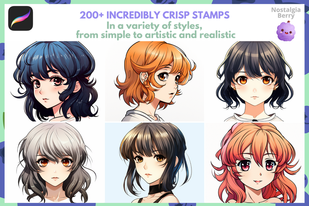 Procreate Stamps: 200+ Anime Girl Head Lineart Stamps for Manga ...