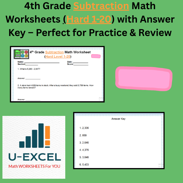 4th Grade Subtraction Math Worksheets Easy, Average & Hard Level with ...