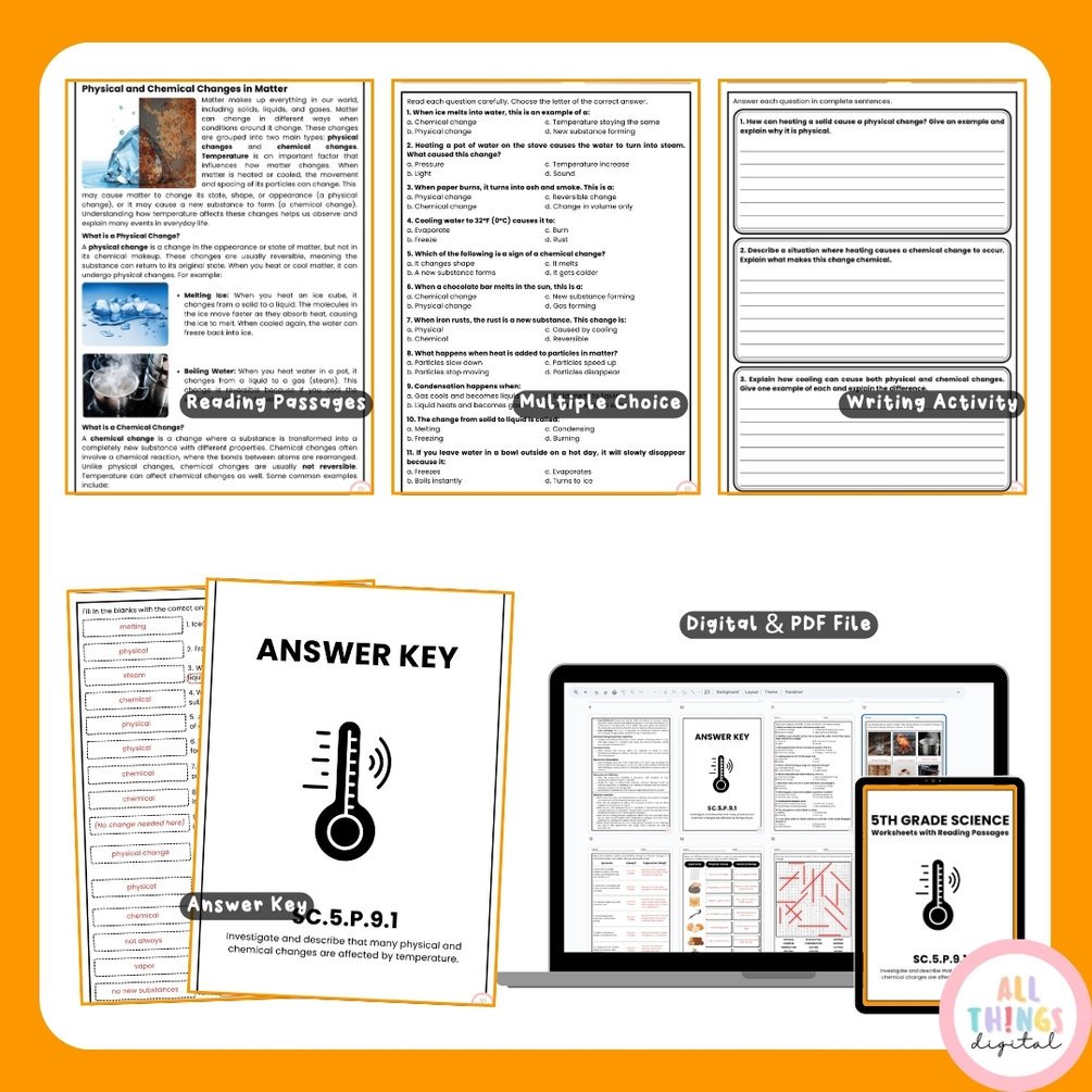 Change sin Matter SC.5.P.9.1 5th Grade Physical Science Activity ...