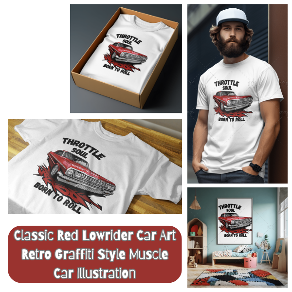 Classic Red Lowrider Car Art – Retro Graffiti Style Muscle Car Illustration