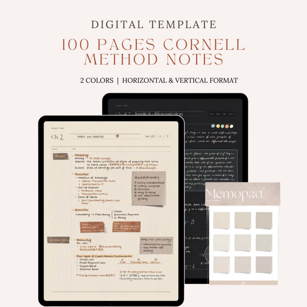 Cornell Notes Template printable | 100 chapters | Horizontal & Vertical ...