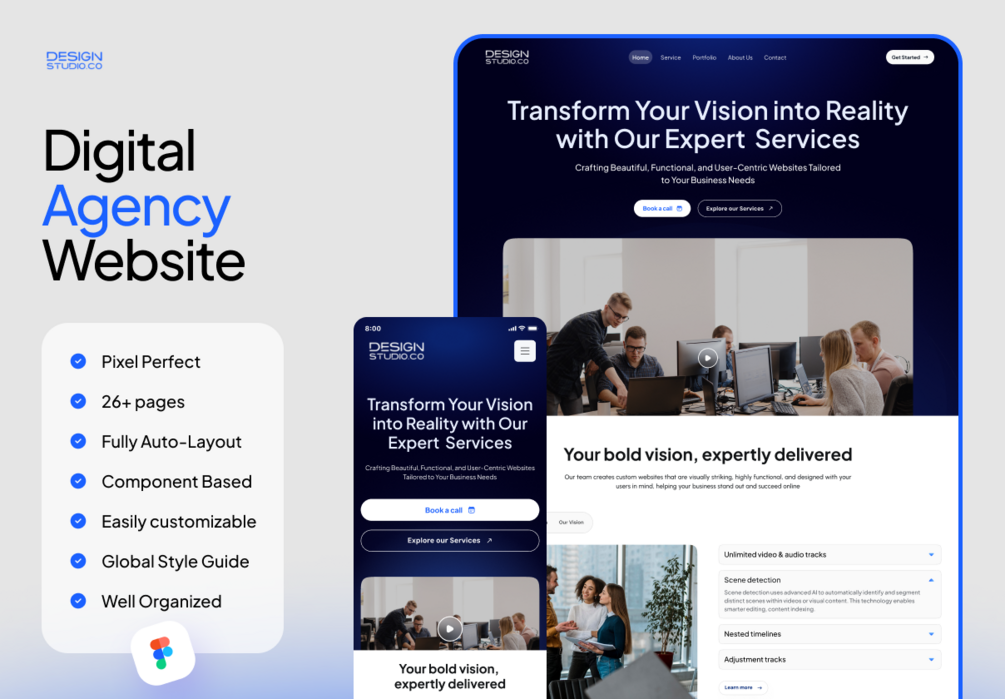 Modern Digital Agency Website UI Kit – 26+ Premium Figma Pages | Fully Responsive, Auto-Layout ...