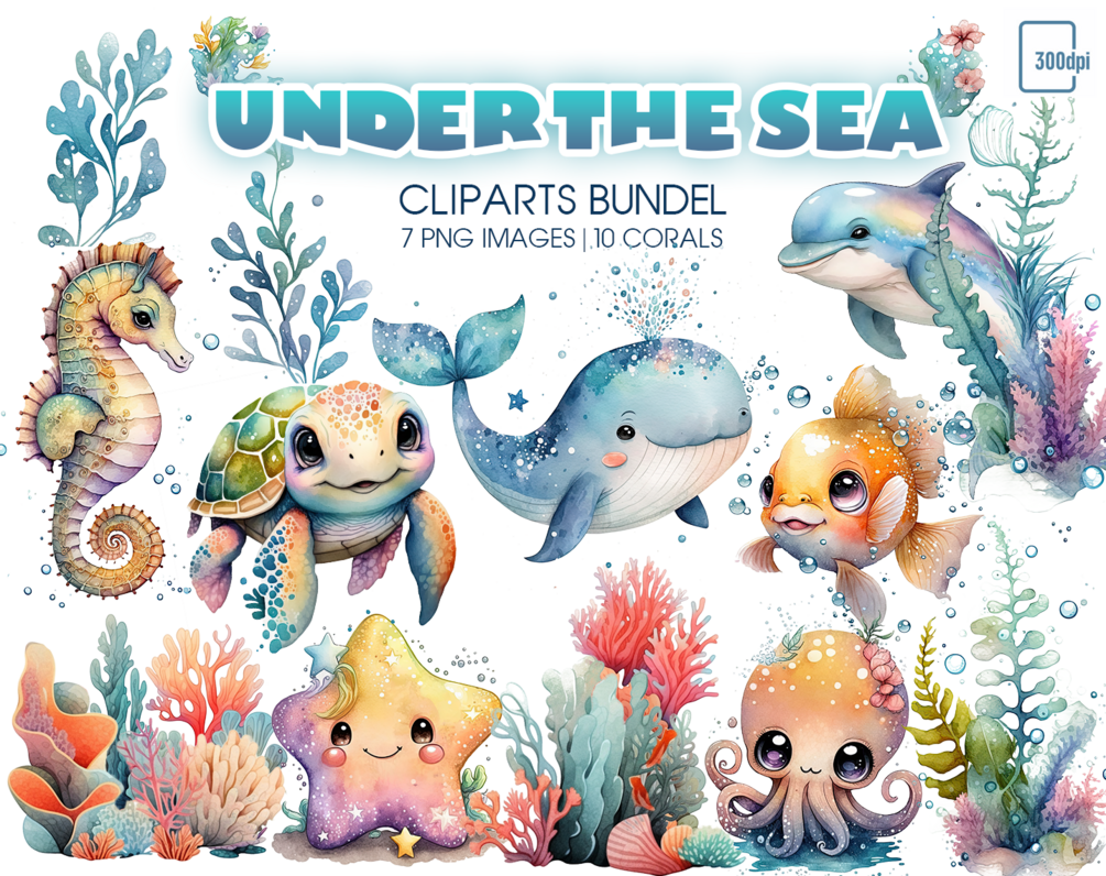 Cute little sea animal clipart, watercolor underwater | Under The Sea ...