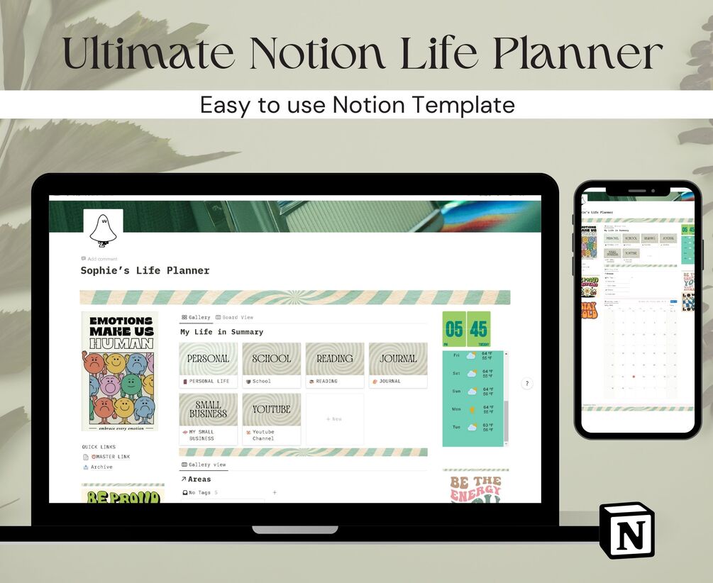 Green Retro Notion Life Planner Template
