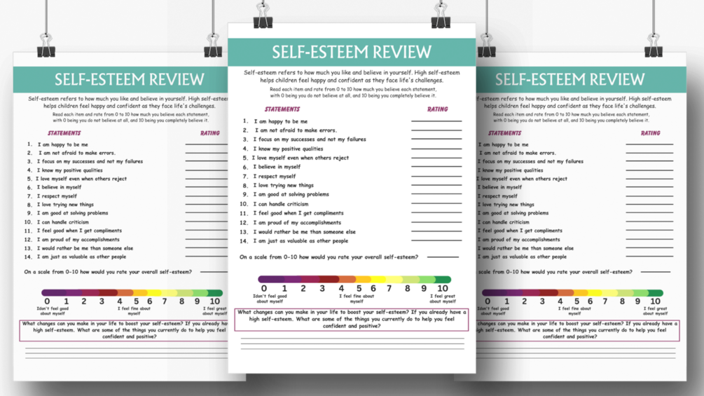 Self-Esteem Review Worksheet For Kids