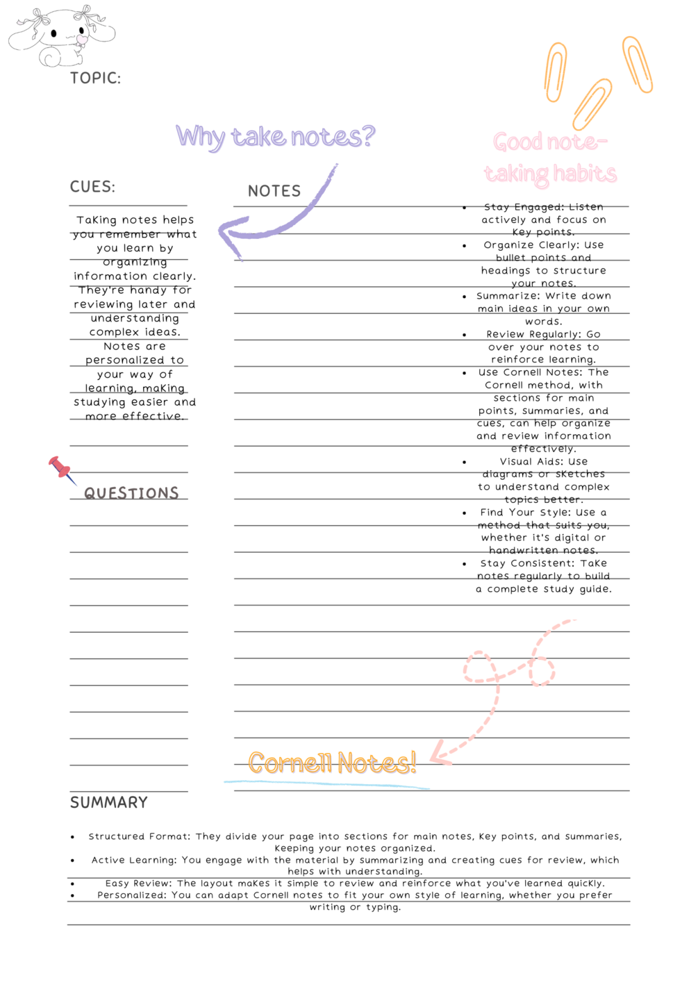 Cornell Note-taking Digital and Printable Worksheet