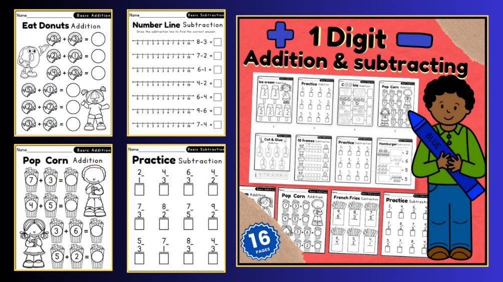 Kindergarten Single 1 Digit Addition & Subtracting One Number Math ...