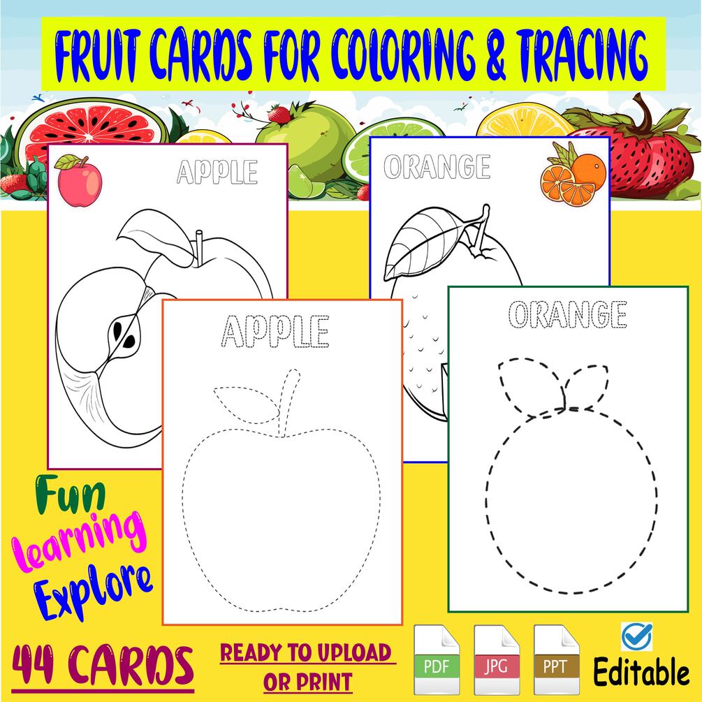 Fruit Cards for Tracing & Coloring