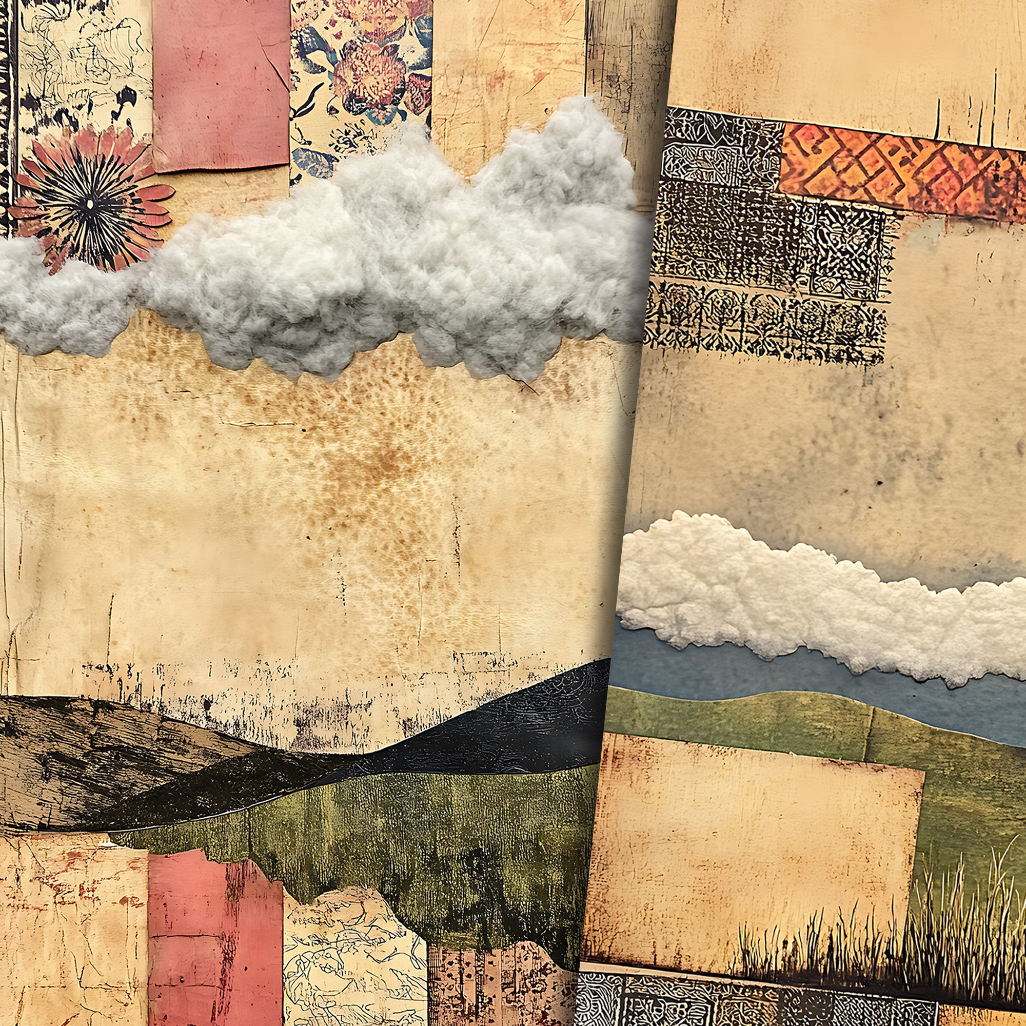 18 pc Collage Patterned Landscape with Clouds Printable Junk Journal ...