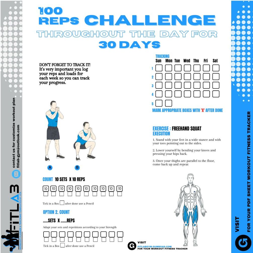 leg workout challenge for 30 days, pdf workout sheet and tracker record.