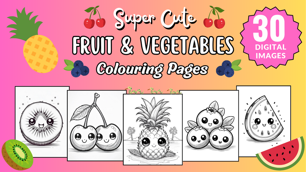 30 x Super Cute Fruit & Vegetables Colouring Pages - Digital Download