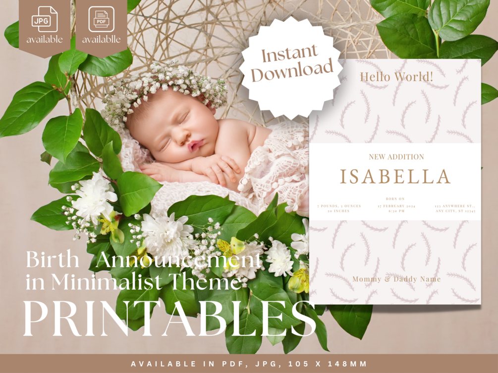 Birth Announcement in Minimalist Theme | Printables Template | Instant ...
