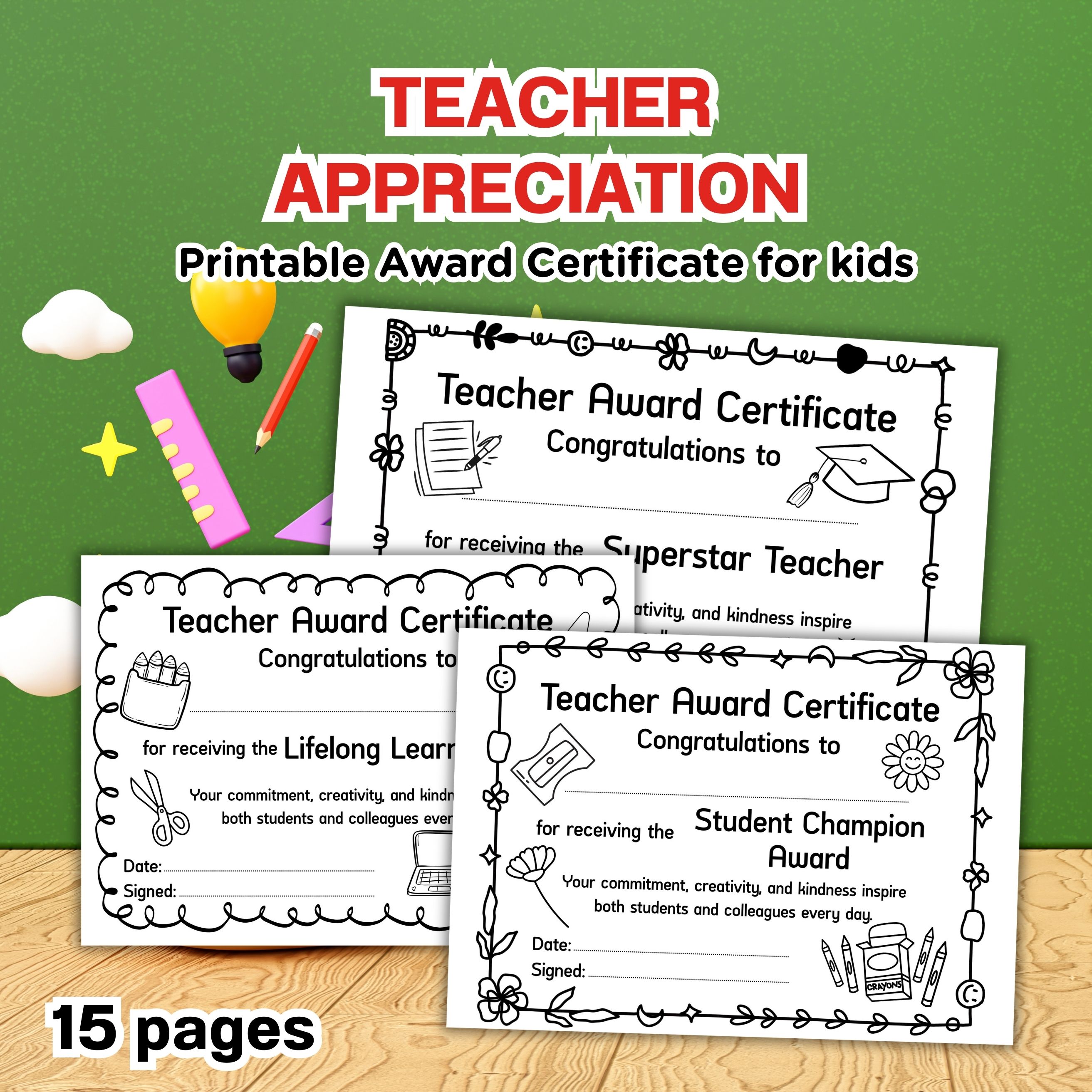 Teacher Appreciation Award Certificate Template for Kids, End of Year Gift