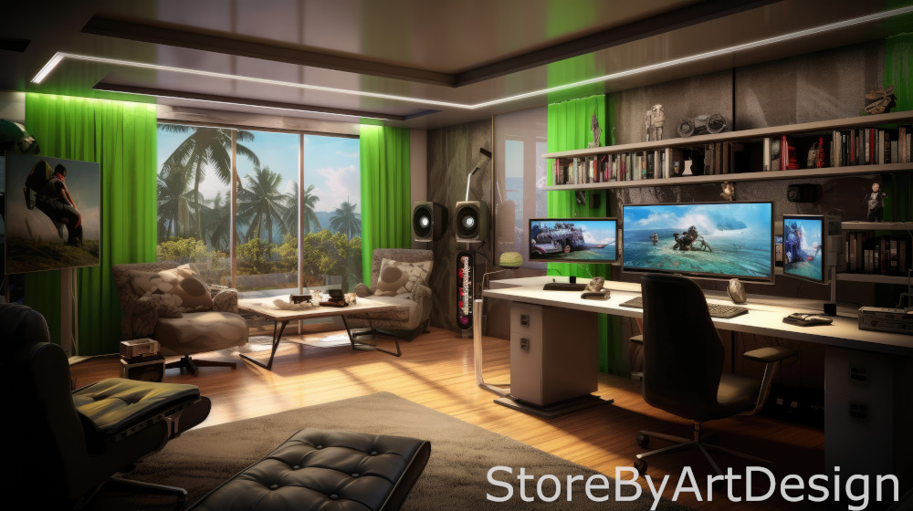 Beautiful green gamer room - 2 images