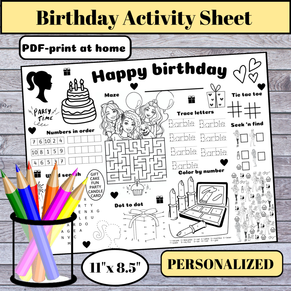 Birthday Activities Placemat, Dolls Birthday Party, Dolls Coloring Page ...