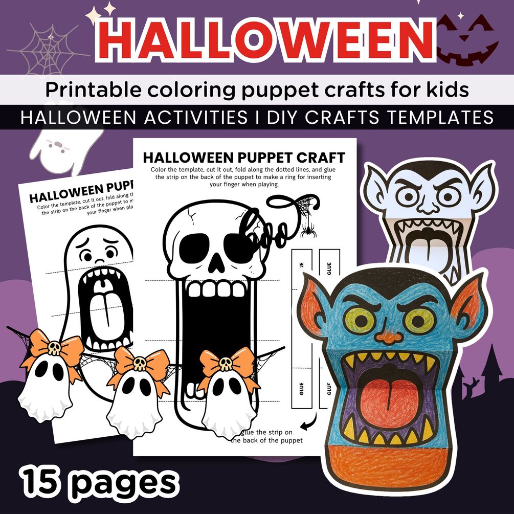 Halloween Puppet Craft Templates for Kids | Fun DIY Coloring & Cut-and ...
