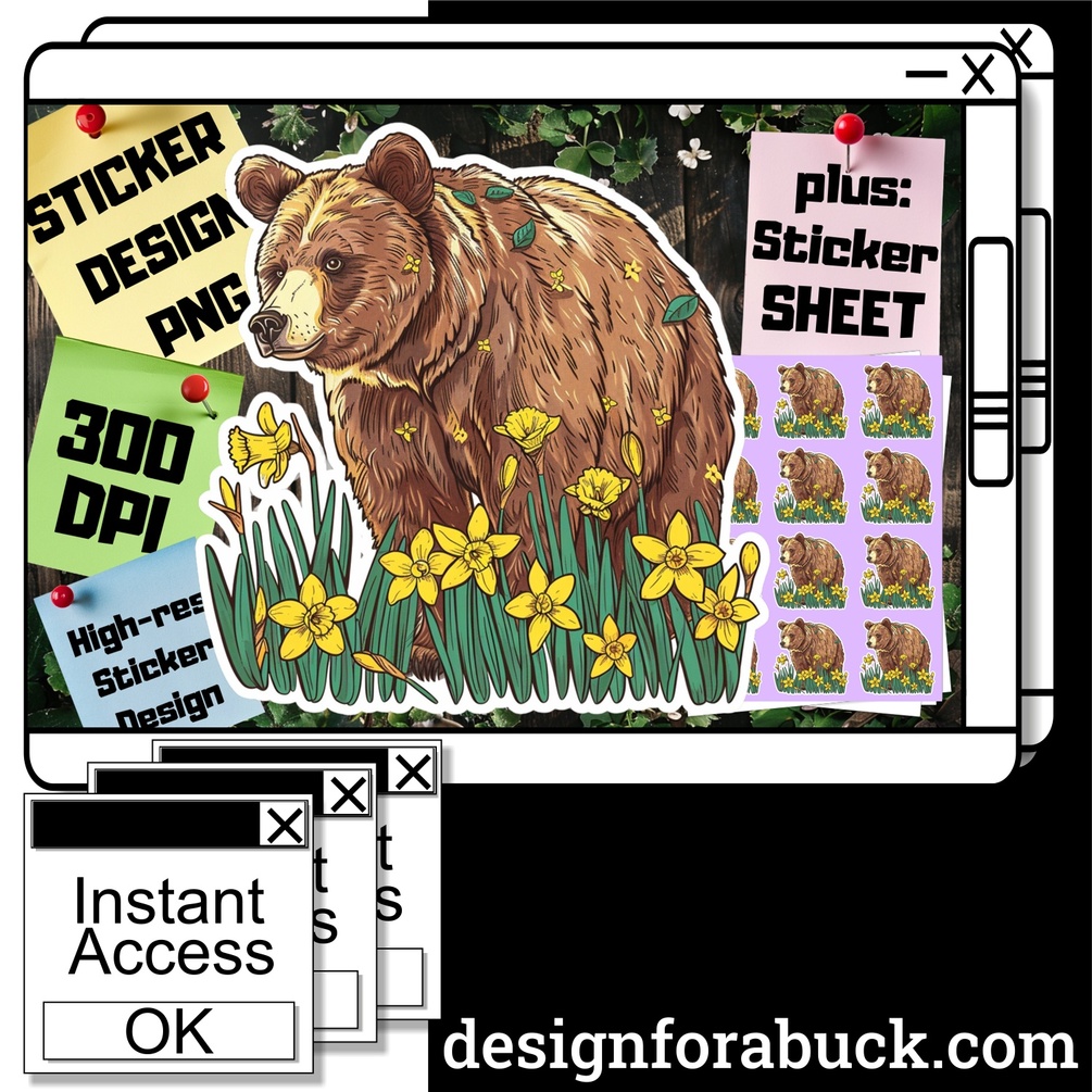 Express Access: Playful Bear PNG File Sticker Design , Full Stickers Sheet