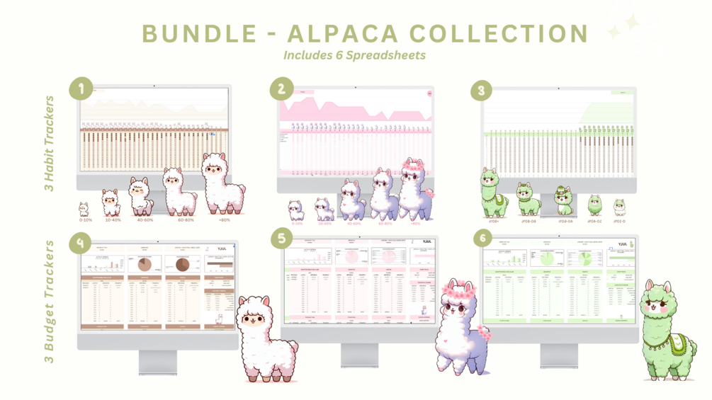 Bundle – Alpaca Collections – 6 Spreadsheets （3 habit trackers + 3 monthly budget trackers)