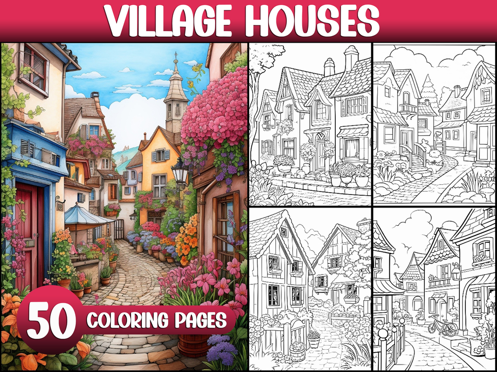 Village Houses Grayscale Coloring Pages Printable for Adults, PDF File ...