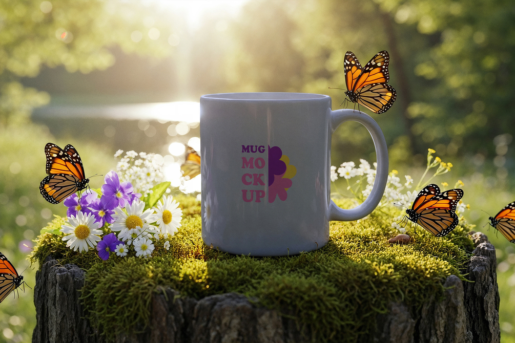 Premium Mug on Tree Stump Mockup