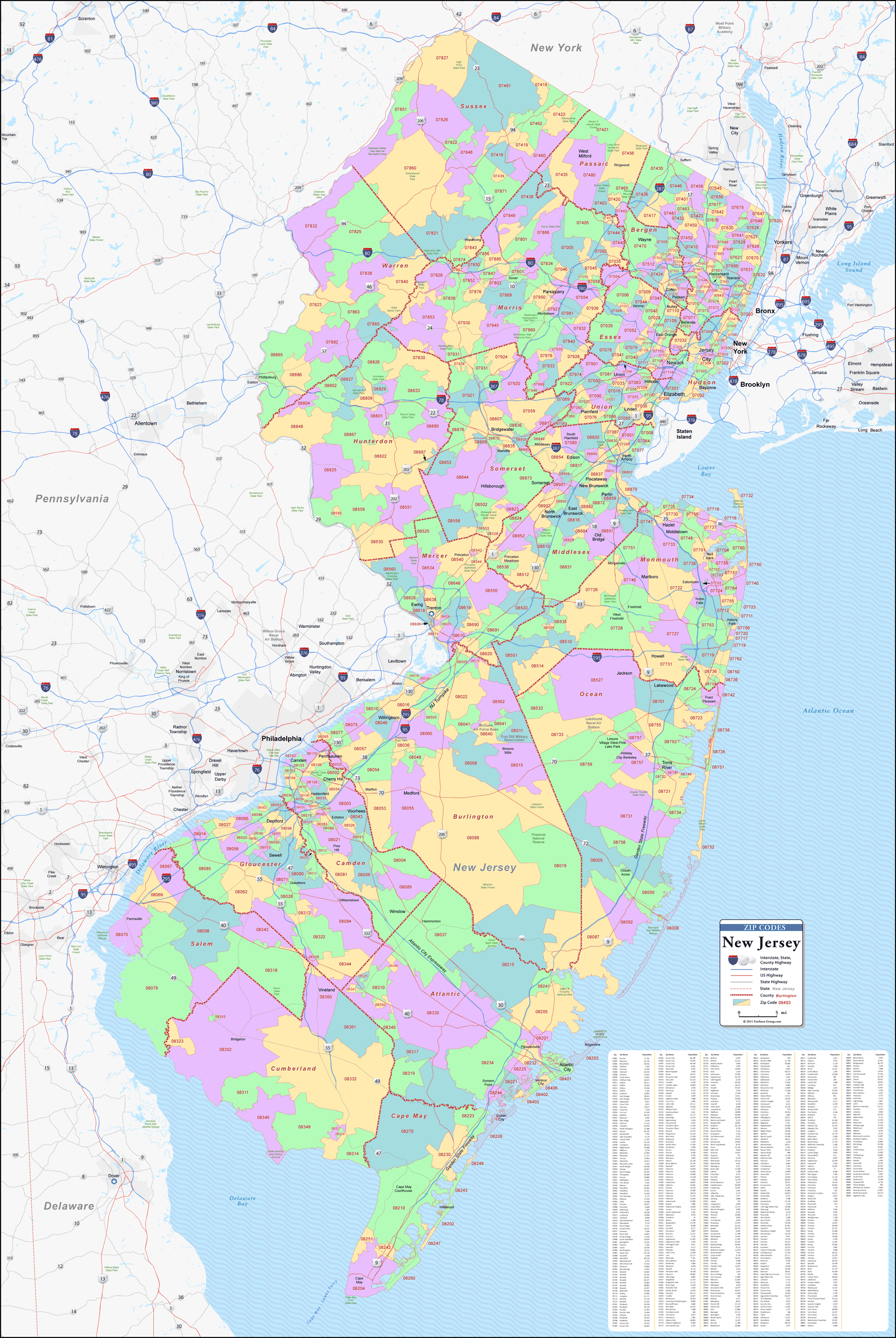 New Jersey Zipcode Map 24 X 36 PDF