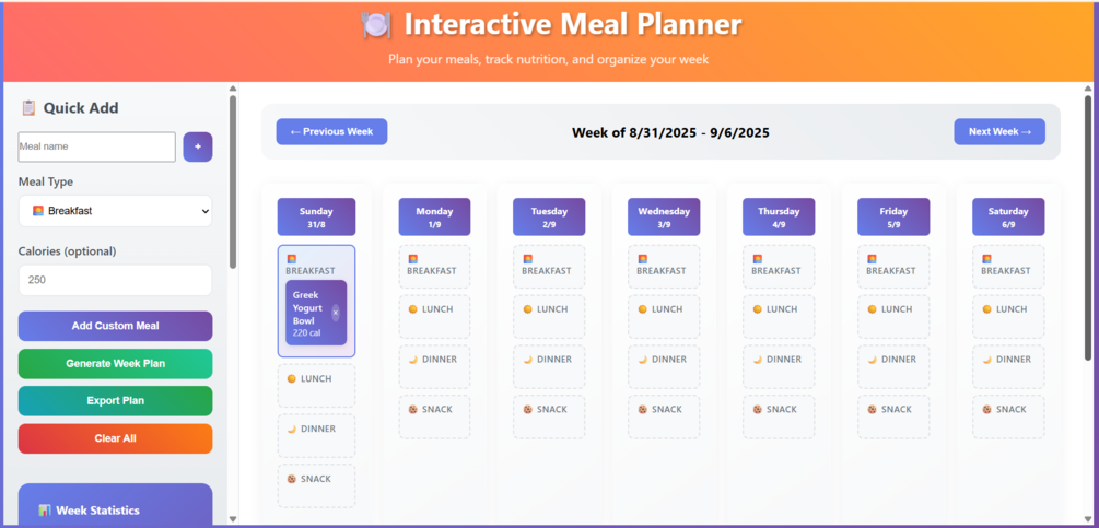 🍽️ Interactive Meal Planner Mini App