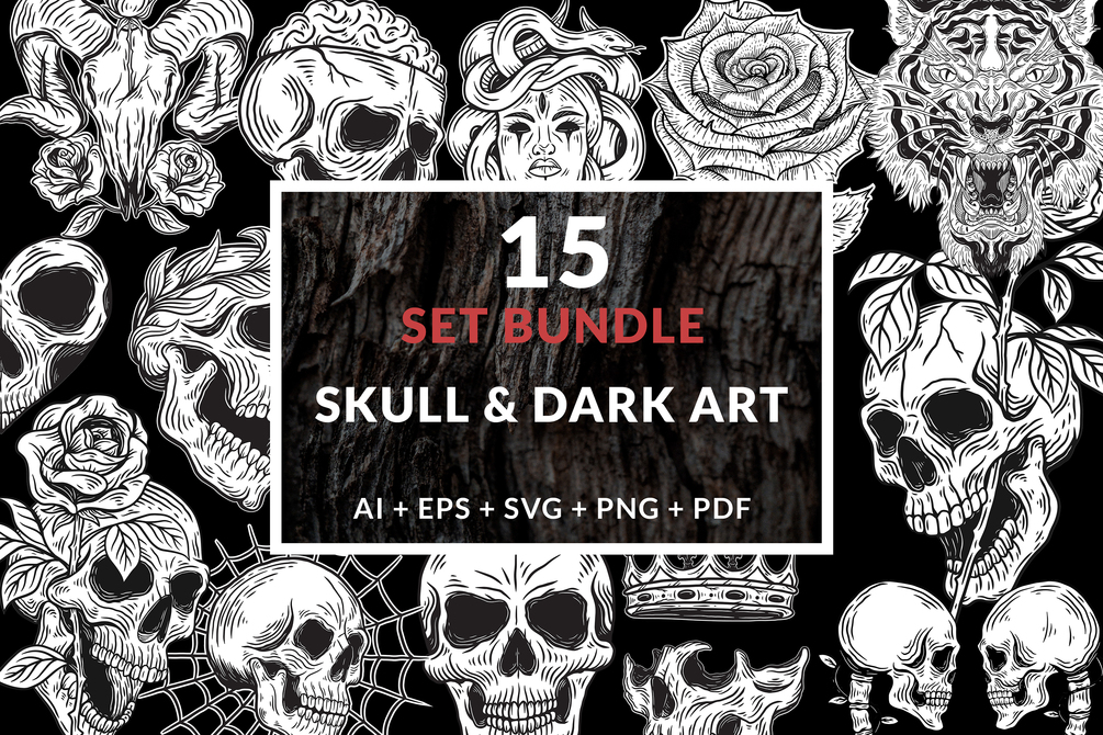 15 Set Bundle Dark Art Skull Bone Horror Tattoo Beast Merchandise Clipart