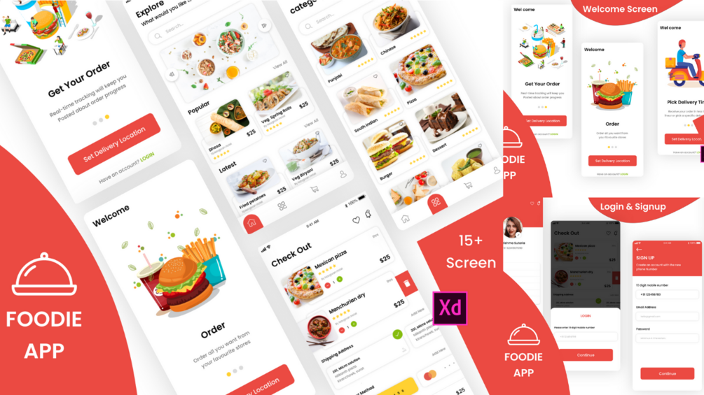 FOODIE APP UI kit designed in XD Template for Food services