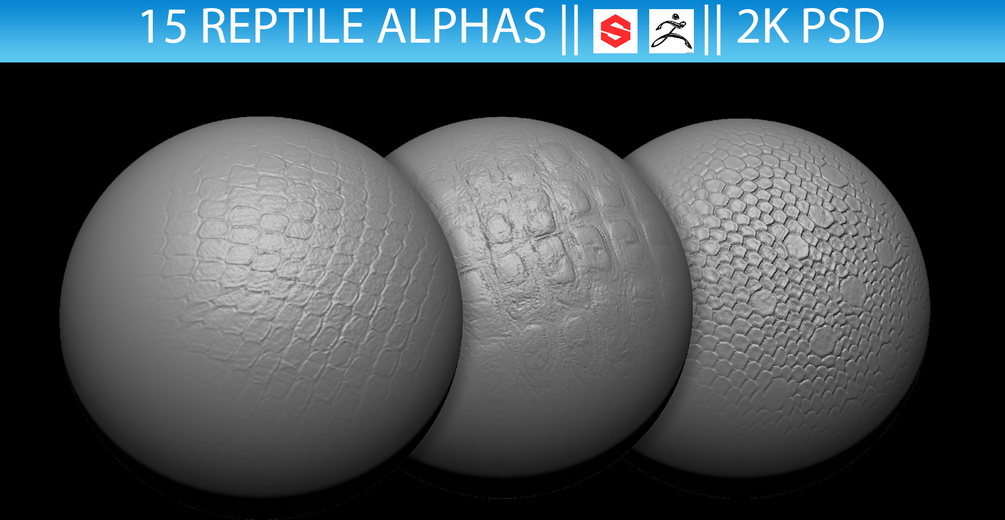 15 Reptile Alphas (ZBrush, Substance, 2K, PSD)