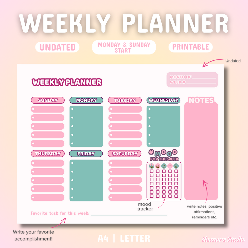Printable Undated Weekly Planner | Cute and Simple | Short and A4 size