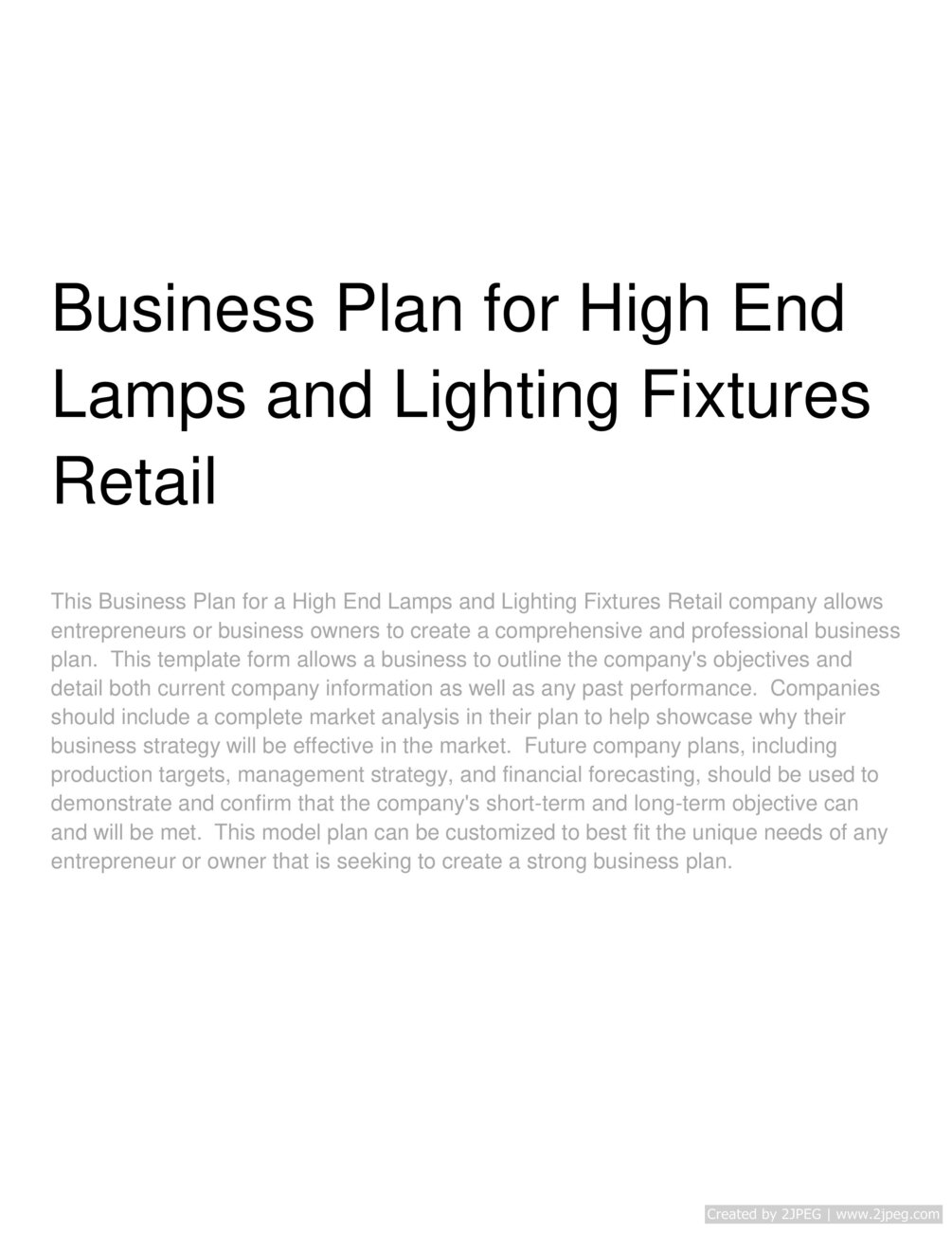 Business Plan for High End Lamps and Lighting Fixtures Retail
