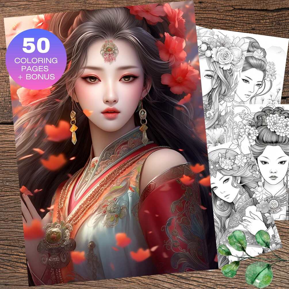 50 Ancient Chinese Beauty Coloring Page, Printable PDF, Instant Download