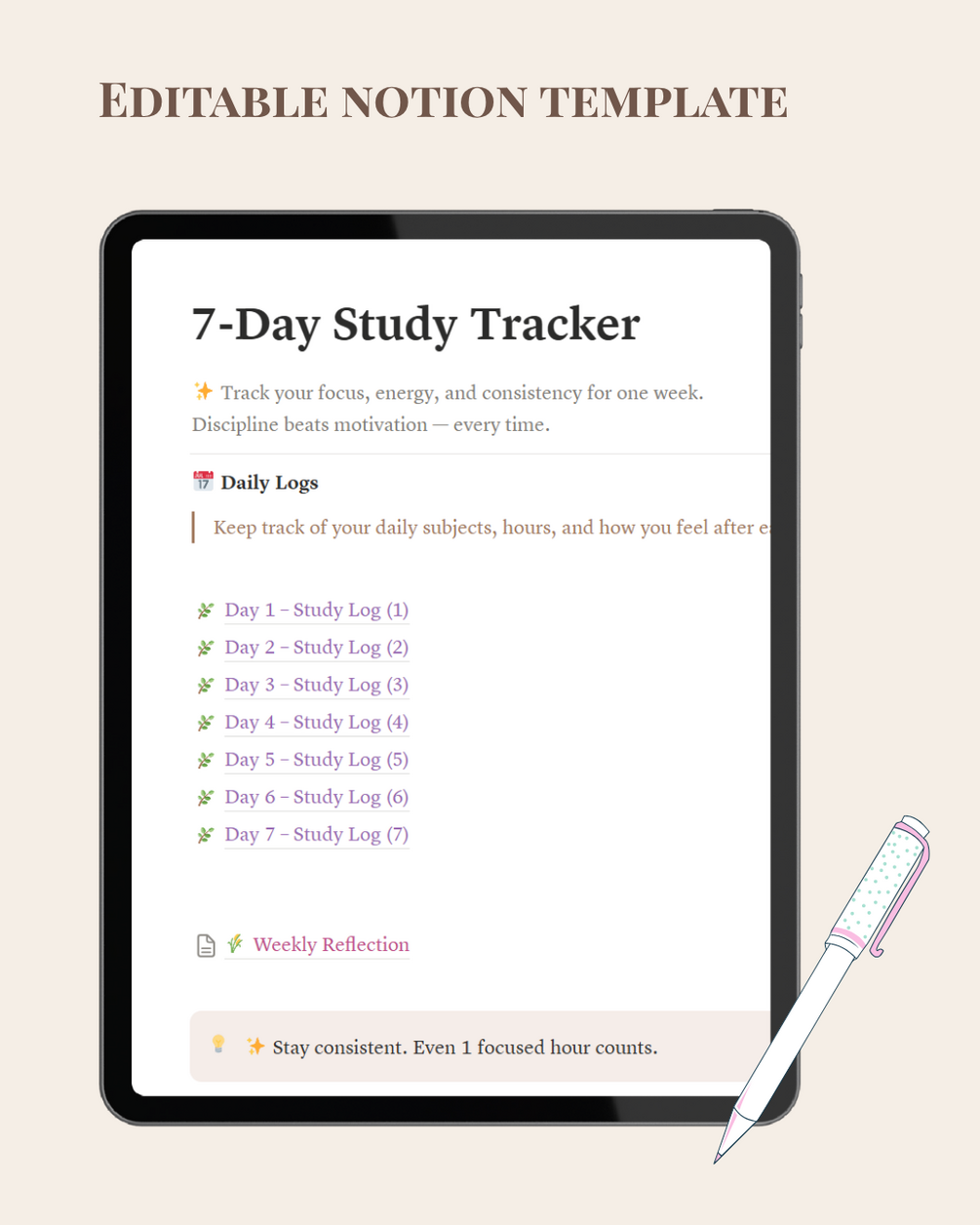 7-Day Study Tracker | Minimal Beige Notion Template for Focused & Mindful Productivity