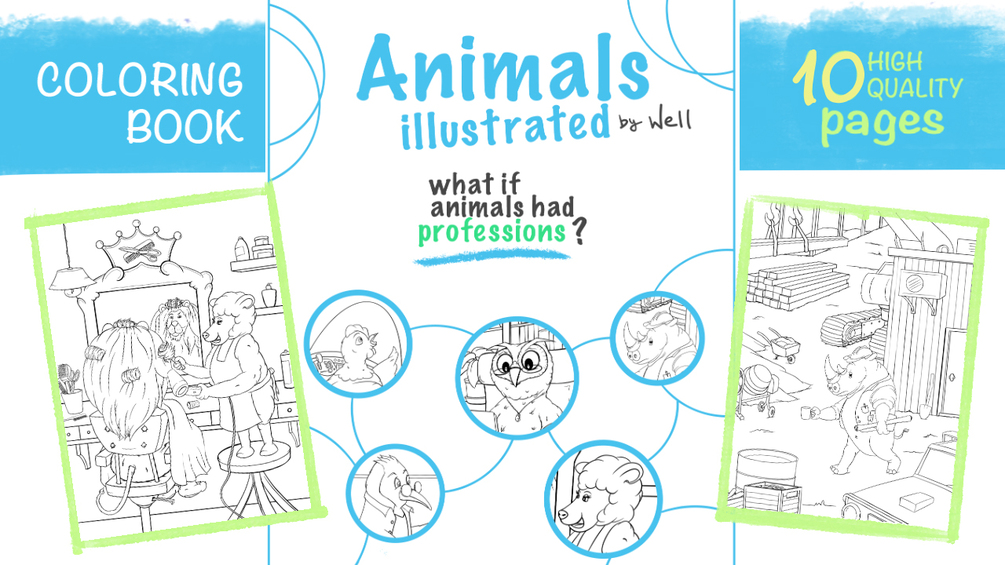 Coloring Book - Animals Illustrated - Professions