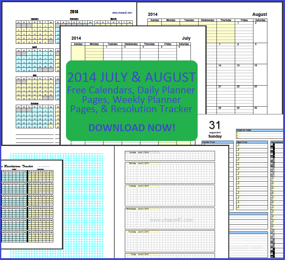 2014 July and August Planning Calendars and Planner Pages - FREE DOWNLOAD