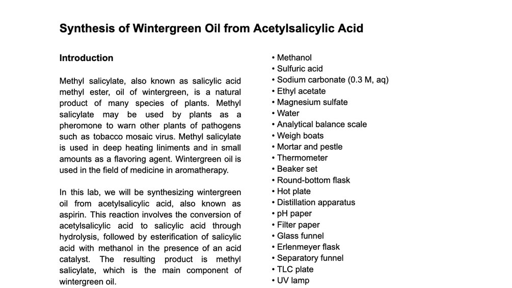 Organic Chemistry 2 Lab Example: Synthesis of Wintergreen Oil from ...
