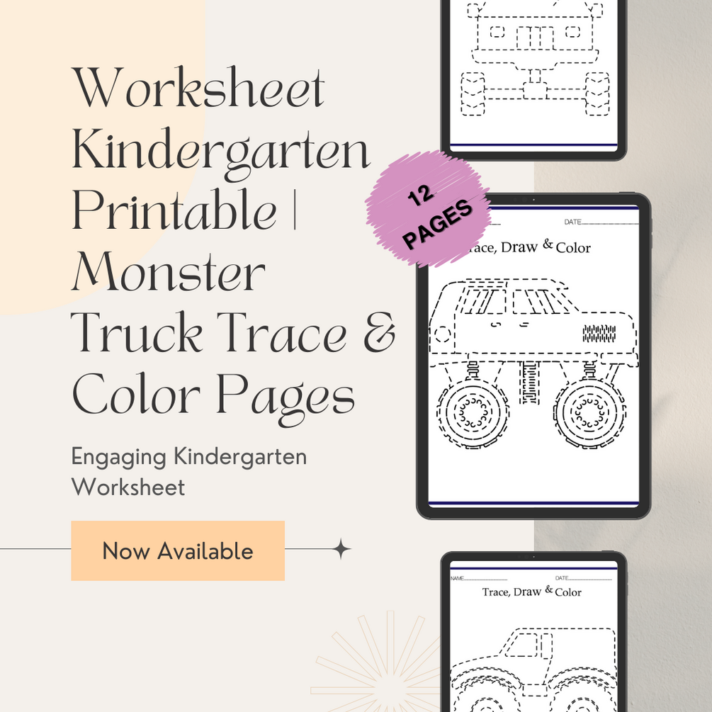 Worksheet Kindergarten Printable | Monster Truck Trace & Color Pages ...