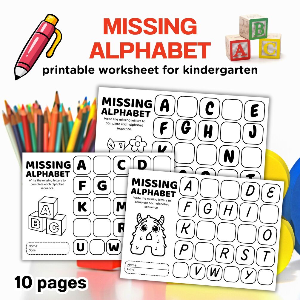 Missing Alphabet Worksheet for Kindergarten: Fun ABC Recognition, Fill ...