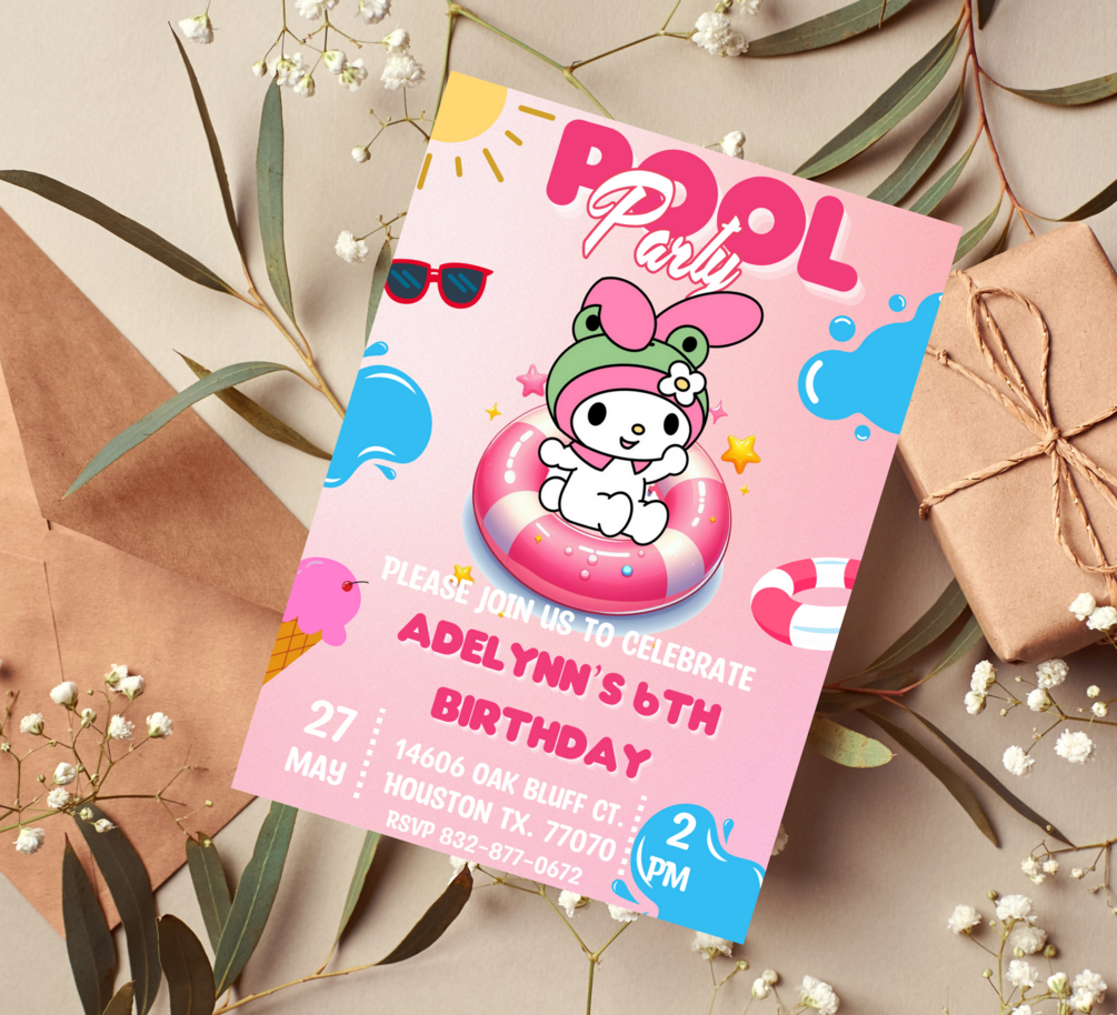 Kawaii My Melody Pool Party Pink Birthday Invitation