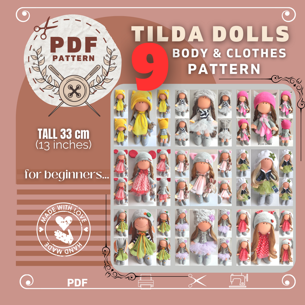 9 Tilda Doll Patterns for Body and Clothes, size 33 cm (13 inches)- PDF Pattern Instant DOWNLOAD