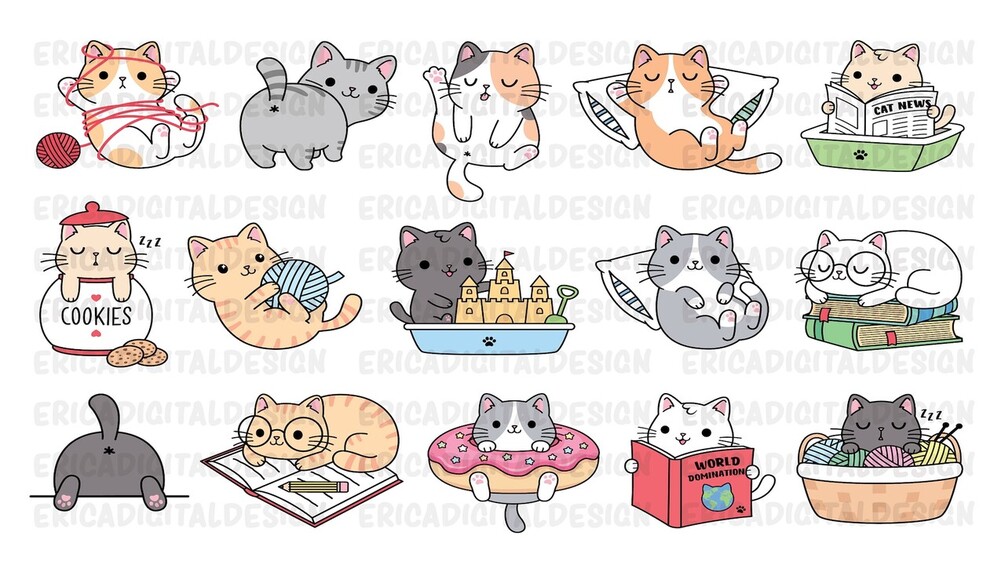 Funny cats clipart Cute cat clip art Kawaii kitten Kitty icons Pet ...
