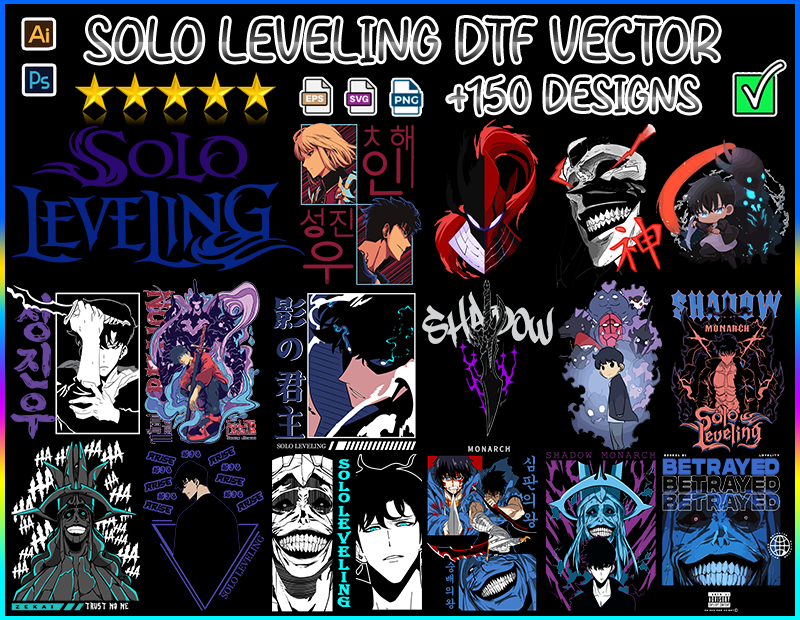 Pack +150 Diseños Vector Solo Leveling Png Bundle DTF Tshirt / Sublimar ...