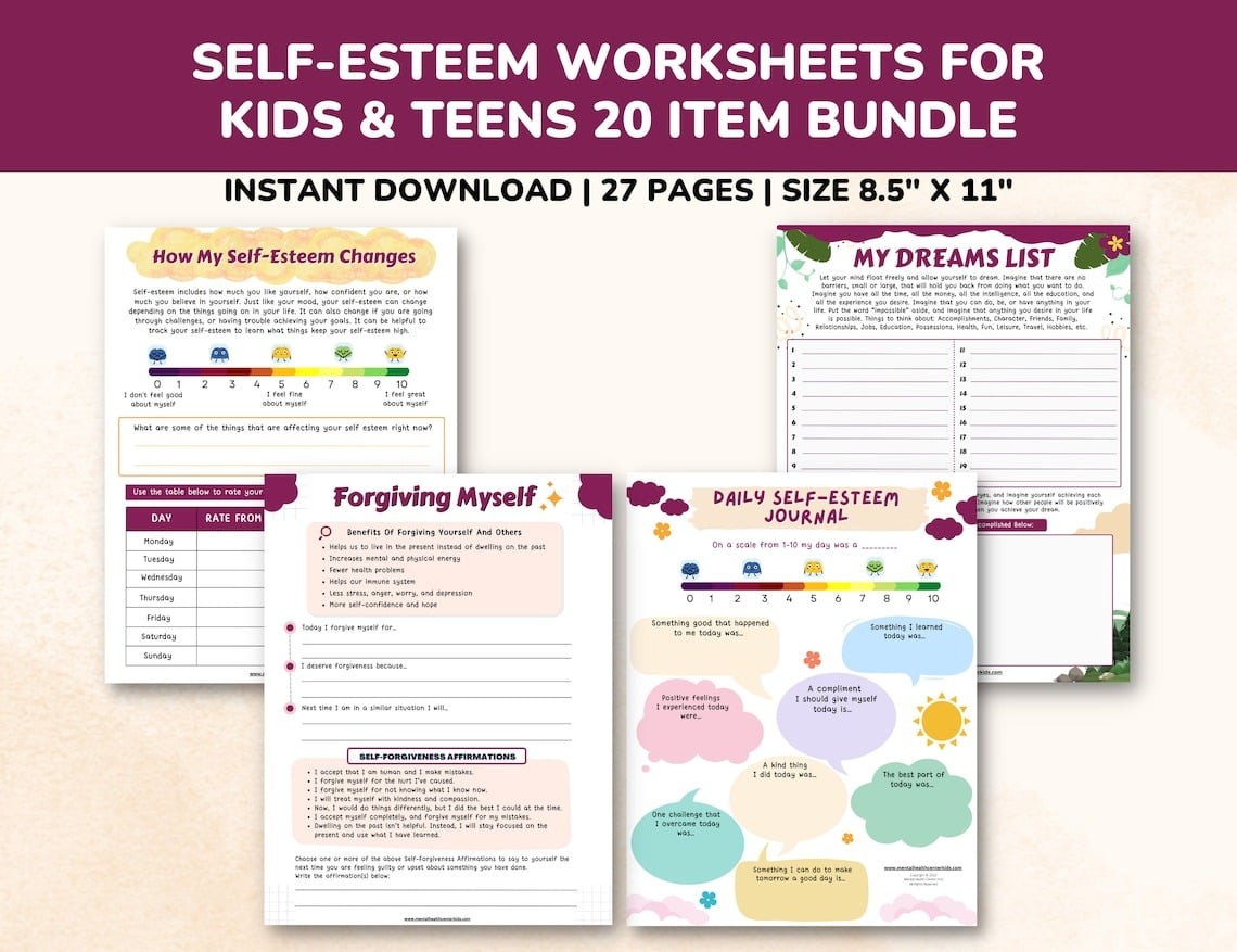Self-Esteem Worksheets 20 Item Printable Bundle for Kids & Teens-Mental ...
