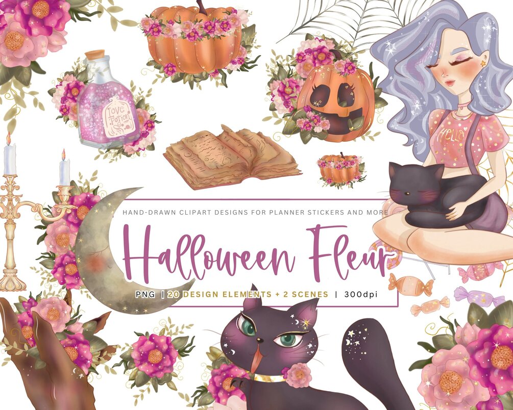 Mystic Garden Floral Witch Clipart Set - Halloween Gothic Designs ...