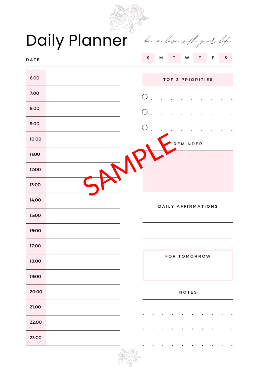 Pink Minimalist Digital Daily Planner Sheet