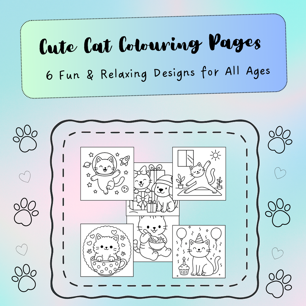 Relax and unwind with this cute 6-page cat coloring pack!
